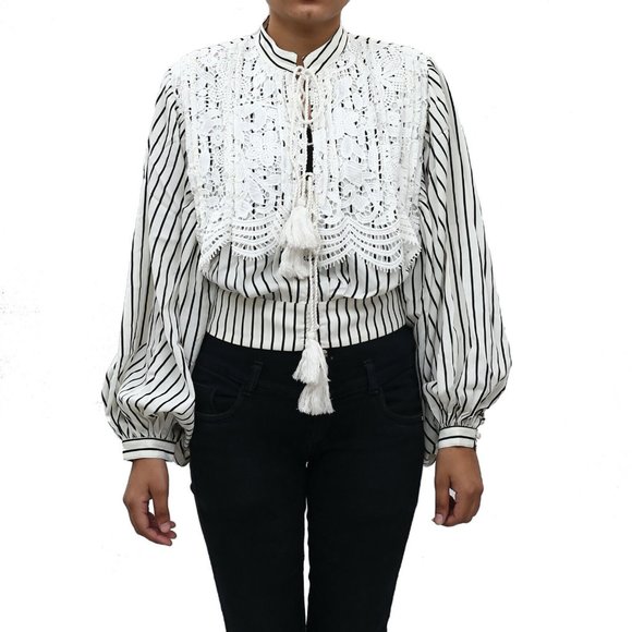 Uterque | Tops | Uterque Stripes Puffed Sleeves Shirt Blouse Top Buttondown Lace S | Poshmark